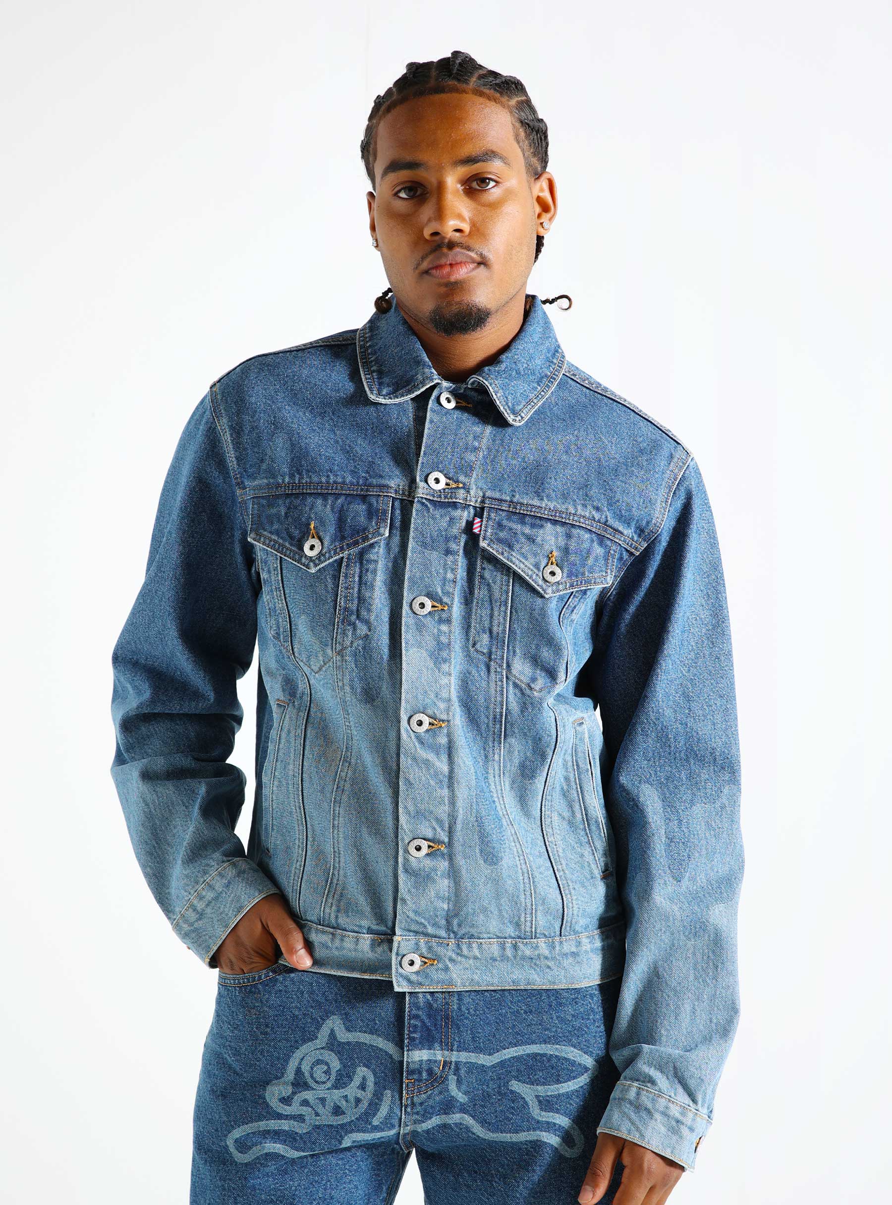 Icecream Lazer Drip Denim Trucker Jacket Mid Wash Blue IC24369